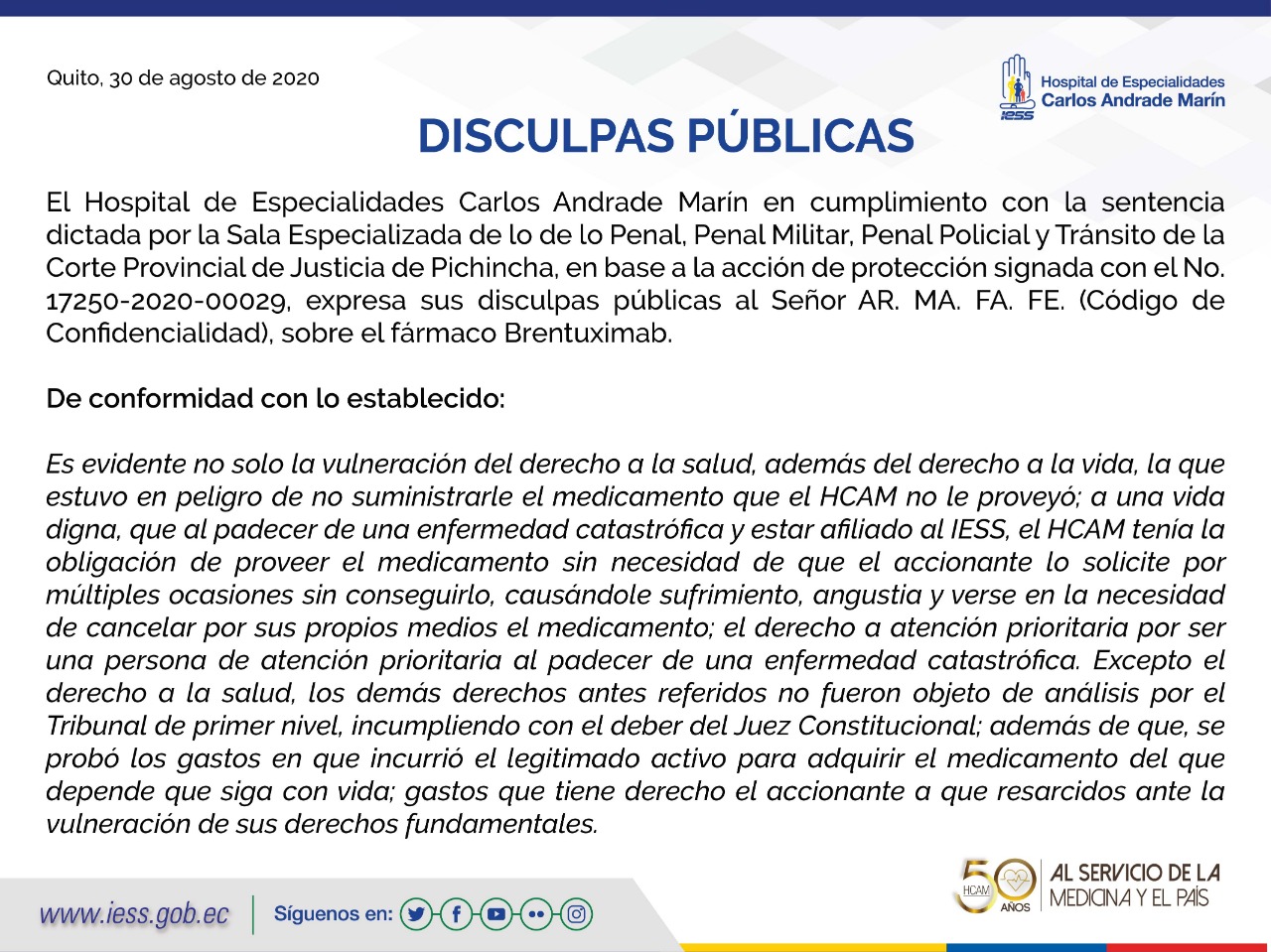 Disculpas Públicas – Hospital Carlos Andrade Marín